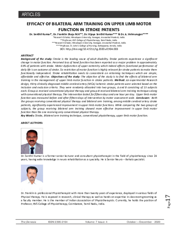 (PDF) Efficacy of Bilateral Arm Training on Upper Limb Motor Function in Stroke Patients ...