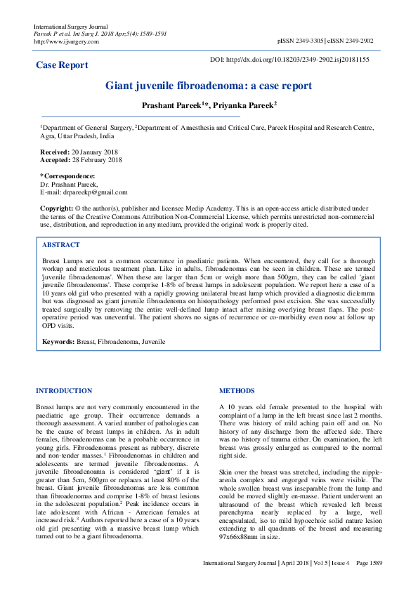 Pdf Giant Juvenile Fibroadenoma A Case Report Prashant Pareek