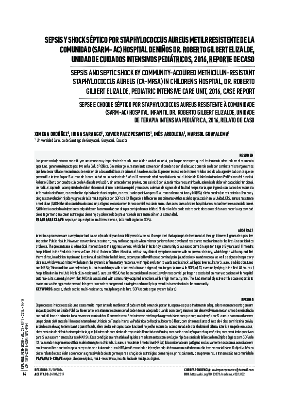 (PDF) Sepsis y shock séptico por Staphylococcus Aureus metilrresistente ...