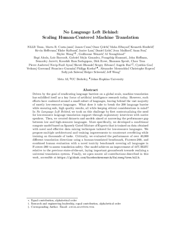 (PDF) No Language Left Behind: Scaling Human-Centered Machine Translation
