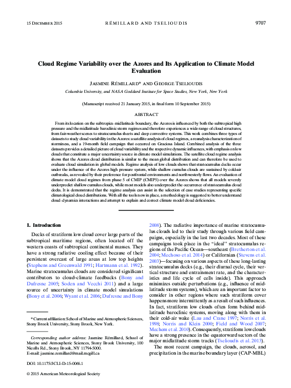 (PDF) Cloud Regime Variability over the Azores and Its Application to Climate Model Evaluation ...