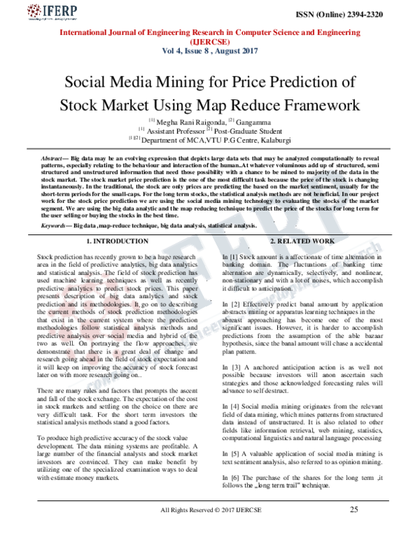(PDF) Social Media Mining for Price Prediction of Stock Market Using Map Reduce Framework