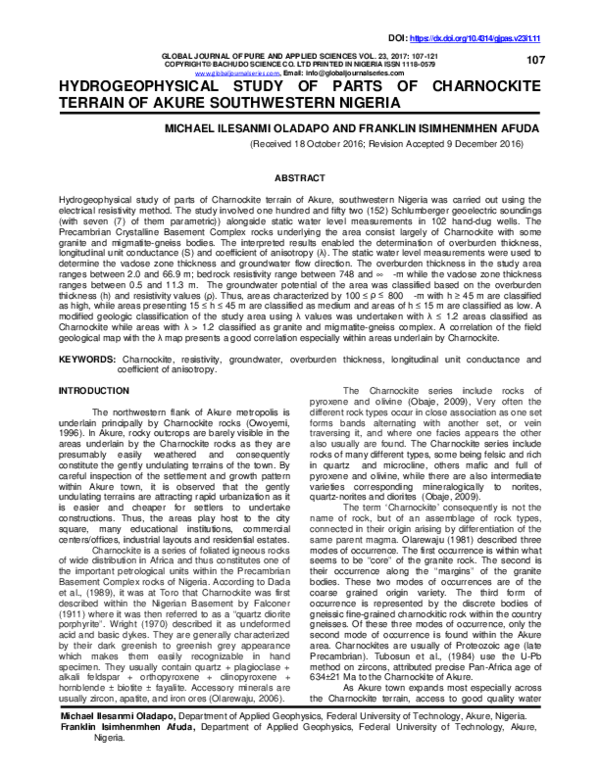 (PDF) Hydrogeophysical study of parts of charnockite terrain of Akure ...