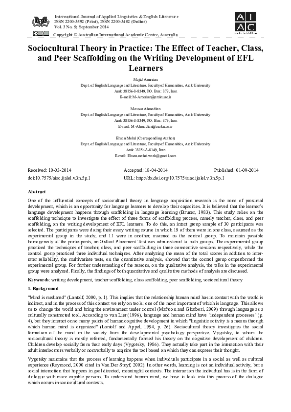 (PDF) Sociocultural Theory in Practice: The Effect of Teacher, Class, and Peer Scaffolding on ...