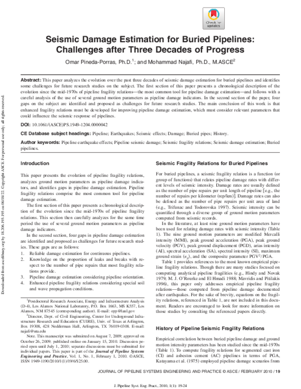(PDF) Seismic Damage Estimation for Buried Pipelines: Challenges after ...