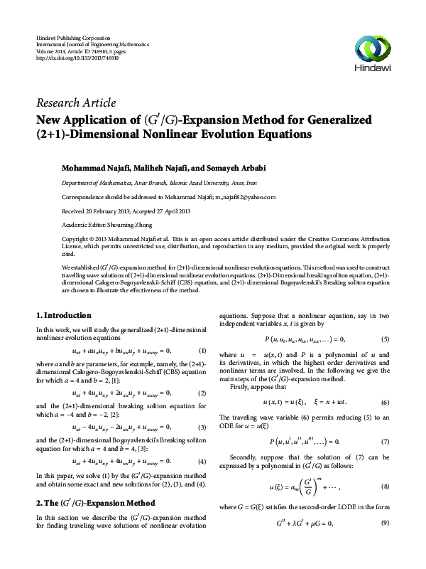 (PDF) New Application of -Expansion Method for Generalized (2+1 ...