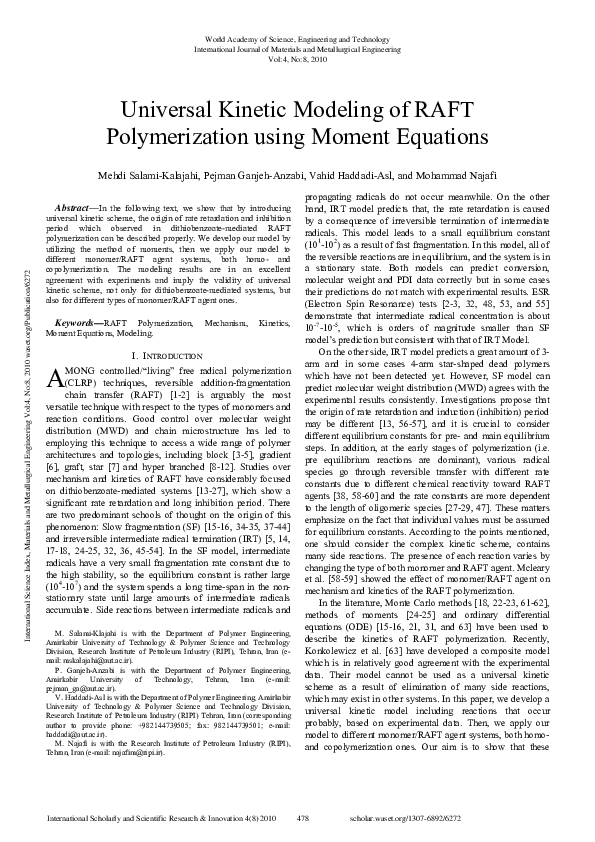 (PDF) Universal Kinetic Modeling Of Raft Polymerization Using Moment ...
