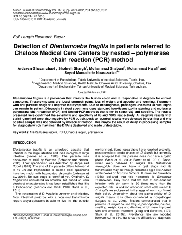 (PDF) Detection of Dientamoeba fragilis in patients referred to Chaloos Medical Care Centers by ...