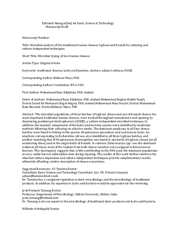 (PDF) Microbial diversity of the traditional Iranian cheeses Lighvan ...