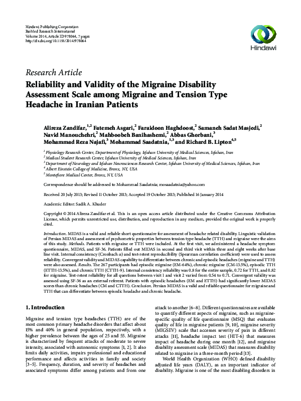 (PDF) MIDAS Validity in Iranian Migraine Patients