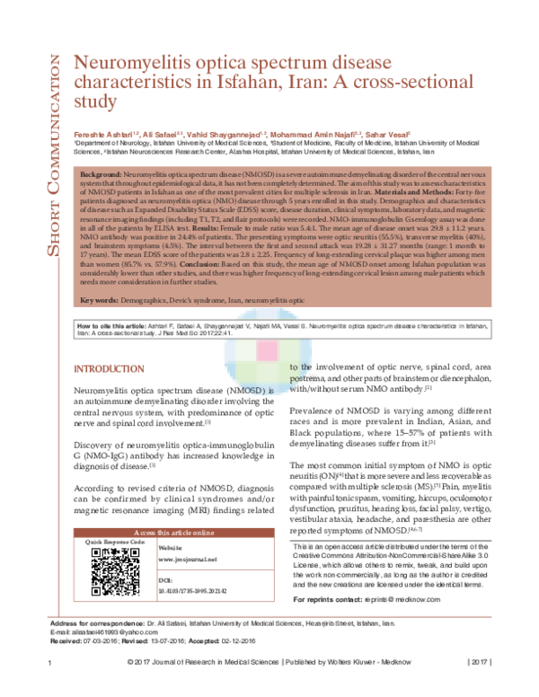 (PDF) Neuromyelitis optica spectrum disease characteristics in Isfahan, Iran: A cross-sectional ...