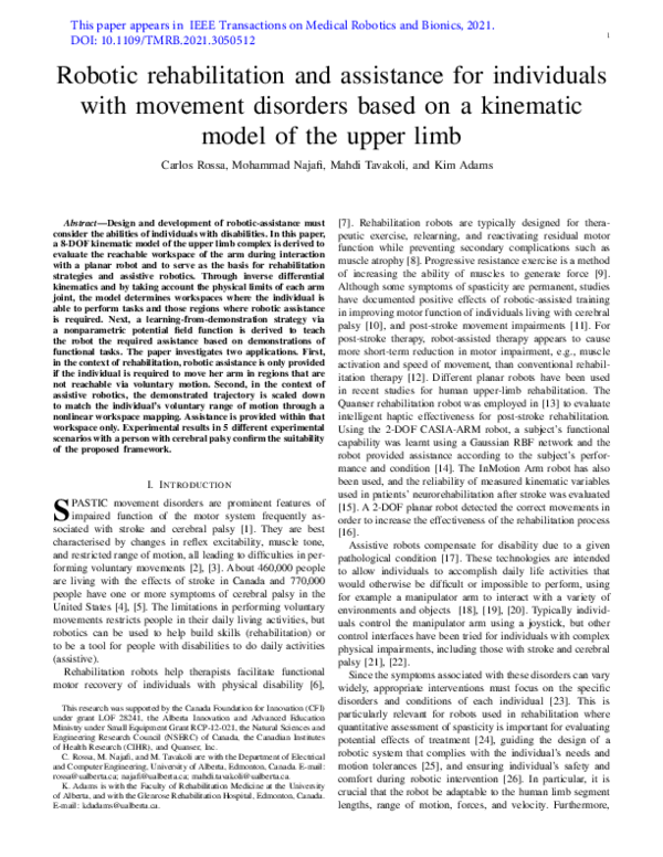 Pdf Robotic Rehabilitation And Assistance For Individuals With Movement Disorders Based On A