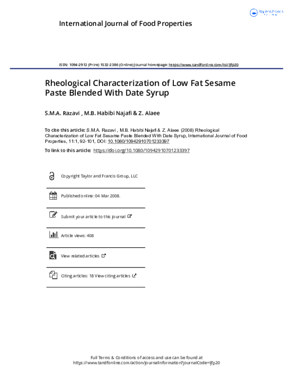 (PDF) Rheological Characterization of Low Fat Sesame Paste Blended With Date Syrup