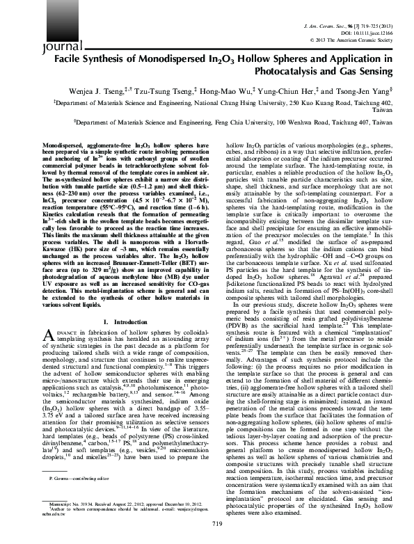 (PDF) Facile Synthesis of Monodispersed In2 O3 Hollow Spheres and ...