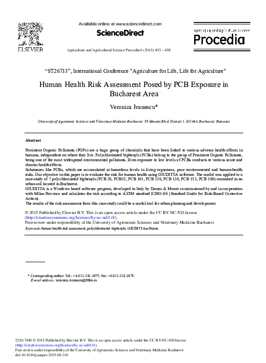 (PDF) Human Health Risk Assessment Posed by PCB Exposure in Bucharest Area