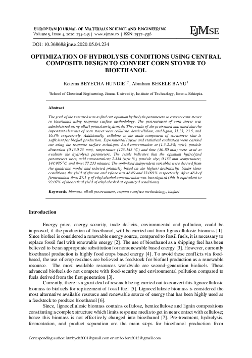 Pdf Optimization Of Hydrolysis Conditions Using Central Composite Design To Convert Corn