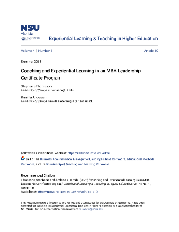 (PDF) Coaching and Experiential Learning in an MBA Leadership ...