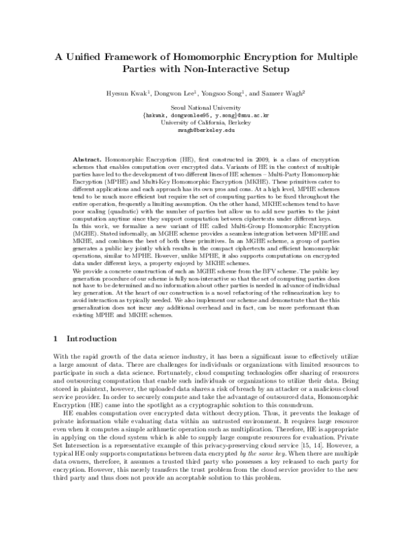 (PDF) A Unified Framework of Homomorphic Encryption for Multiple Parties with Non-Interactive Setup