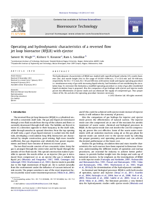 (PDF) Hydrodynamics of Reversed Flow Jet Loop Bioreactor