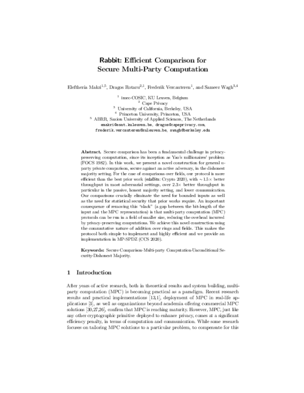 Pdf Mathsf Rabbit Efficient Comparison For Secure Multi Party Computation