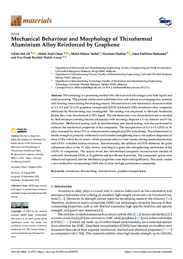 (PDF) Mechanical Behaviour and Morphology of Thixoformed Aluminium Alloy Reinforced by Graphene