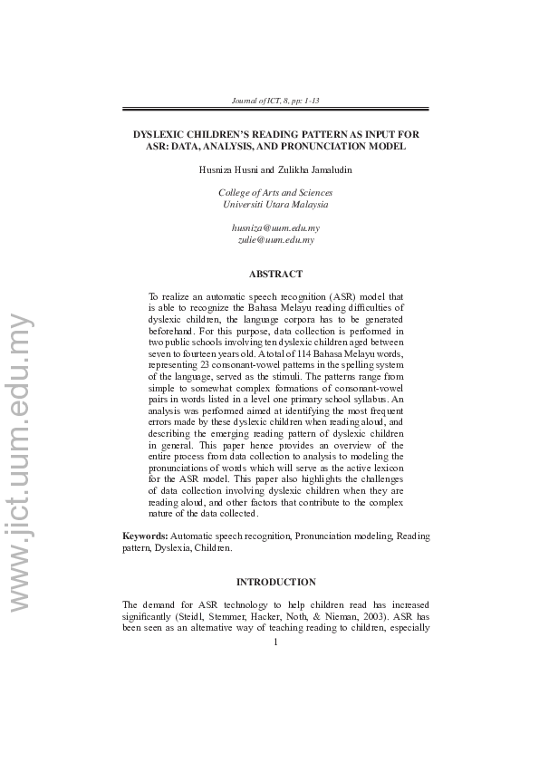 (PDF) Dyslexic children's reading pattern as input for ASR: Data ...
