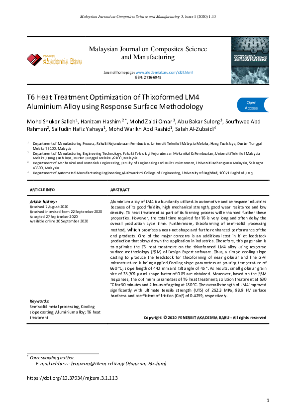 (PDF) T6 Heat Treatment Optimization of Thixoformed LM4 Aluminium Alloy using Response Surface ...