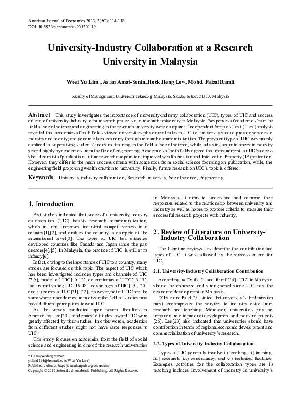 (PDF) University-industry Collaboration Models in Malaysia