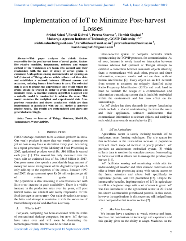 (PDF) Implementation of IoT to Minimize Post-harvest Losses