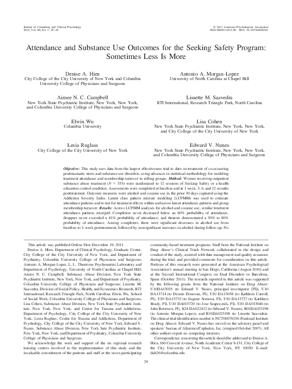 (PDF) Attendance and substance use outcomes for the Seeking Safety ...