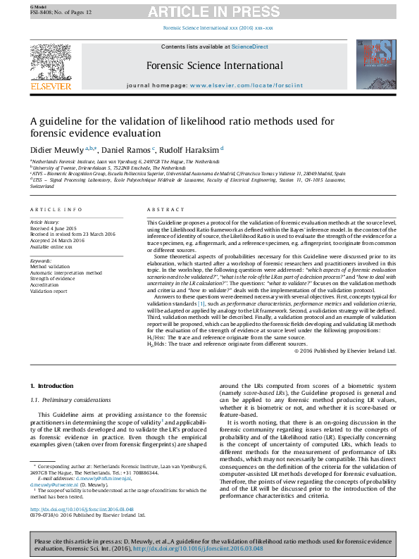 Pdf A Guideline For The Validation Of Likelihood Ratio Methods Used