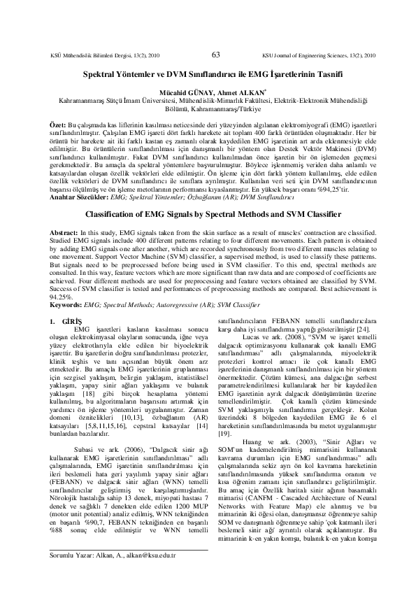 Pdf Classification Of Emg Signals By Spectral Methods And Svm Classifier Ahmet Alkan