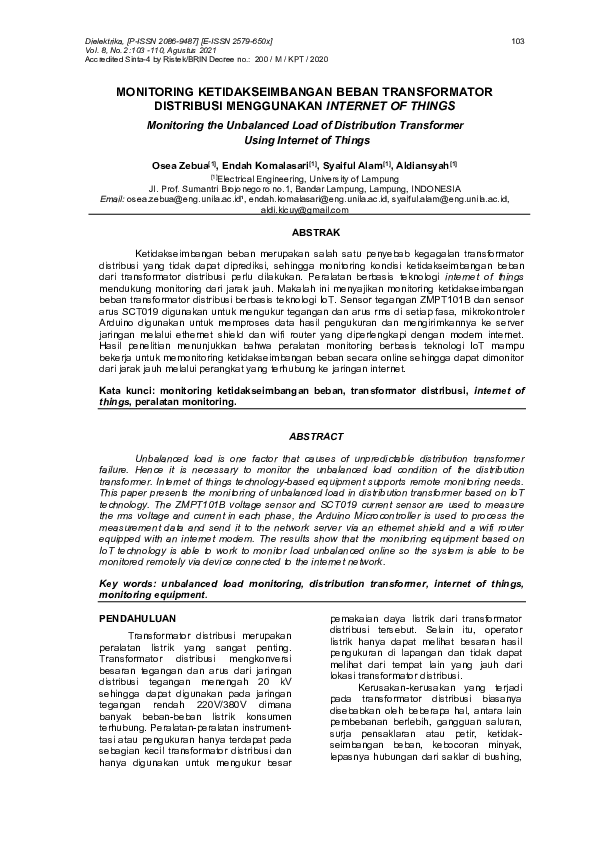 (PDF) Monitoring Ketidakseimbangan Beban Transformator Distribusi Menggunakan Internet of Things