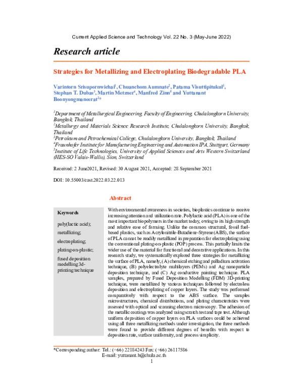 (PDF) Strategies for Metallizing and Electroplating Biodegradable PLA