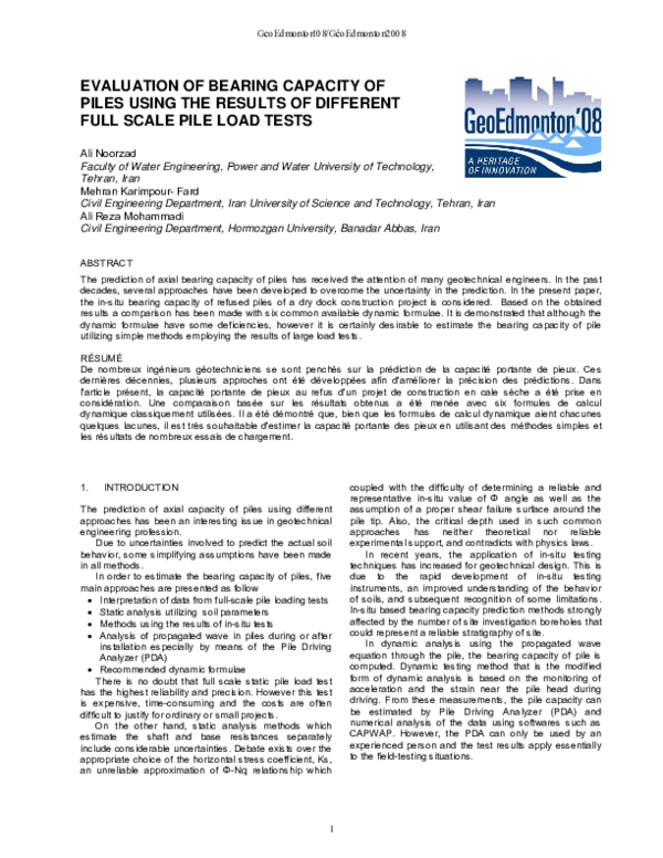 (PDF) Evaluation of Bearing Capacity of Piles Using the Results of Different Full Scale Pile ...