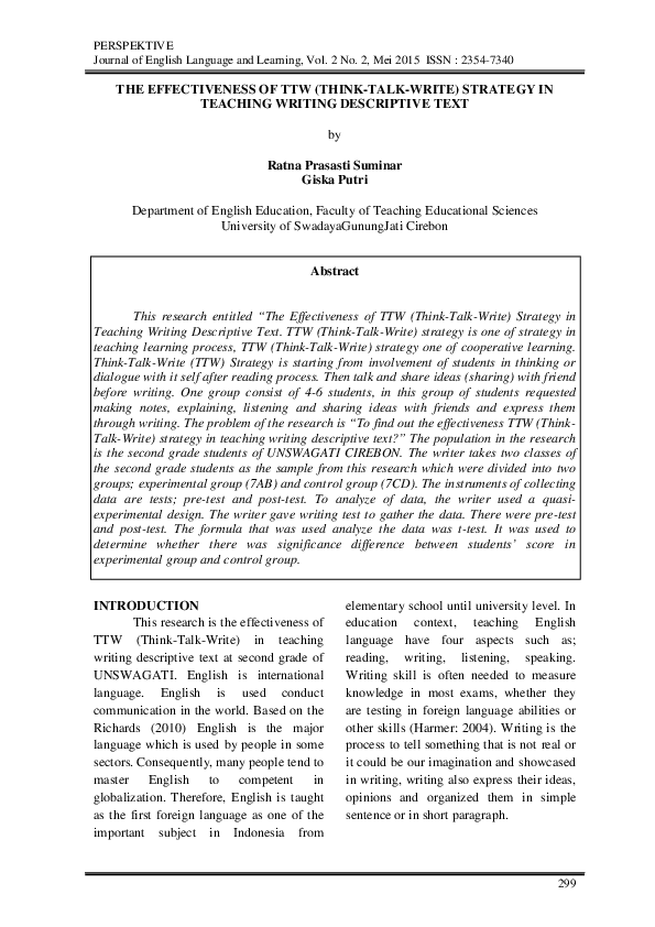 Pdf The Effectiveness Of Ttw Think Talk Write Strategy In Teaching Writing Descriptive Text