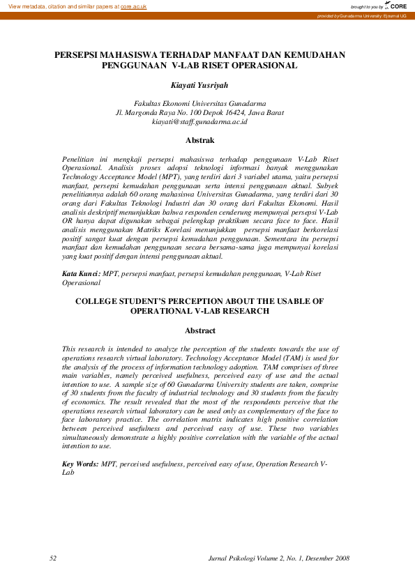 (PDF) Persepsi Mahasiswa Terhadap Manfaat Dan Kemudahan Penggunaan V-Lab Riset Operasional