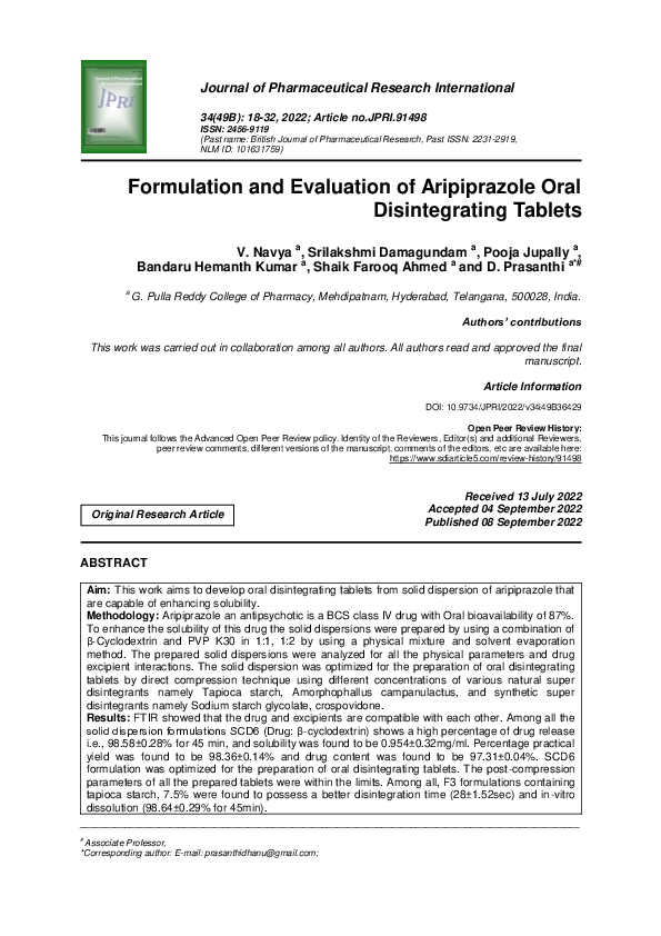 (PDF) Formulation and Evaluation of Aripiprazole Oral Disintegrating Tablets