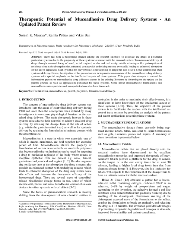 (PDF) Therapeutic potential of mucoadhesive drug delivery systems--an ...