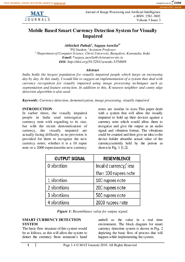 (PDF) Mobile Based Smart Currency Detection System For Visually Impaired