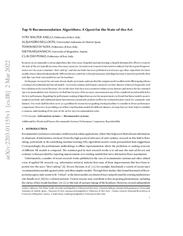 (PDF) Top-N Recommendation Algorithms: A Quest for the State-of-the-Art