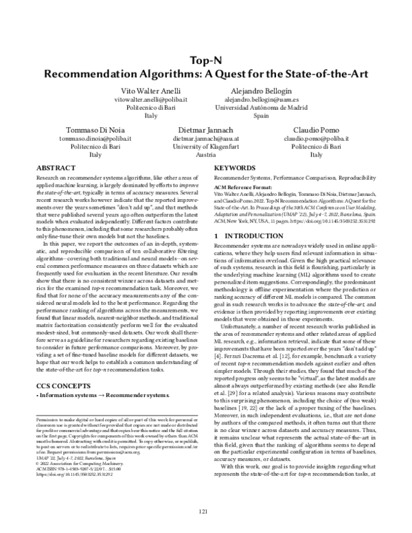 (PDF) Top-N Recommendation Algorithms: A Quest for the State-of-the-Art