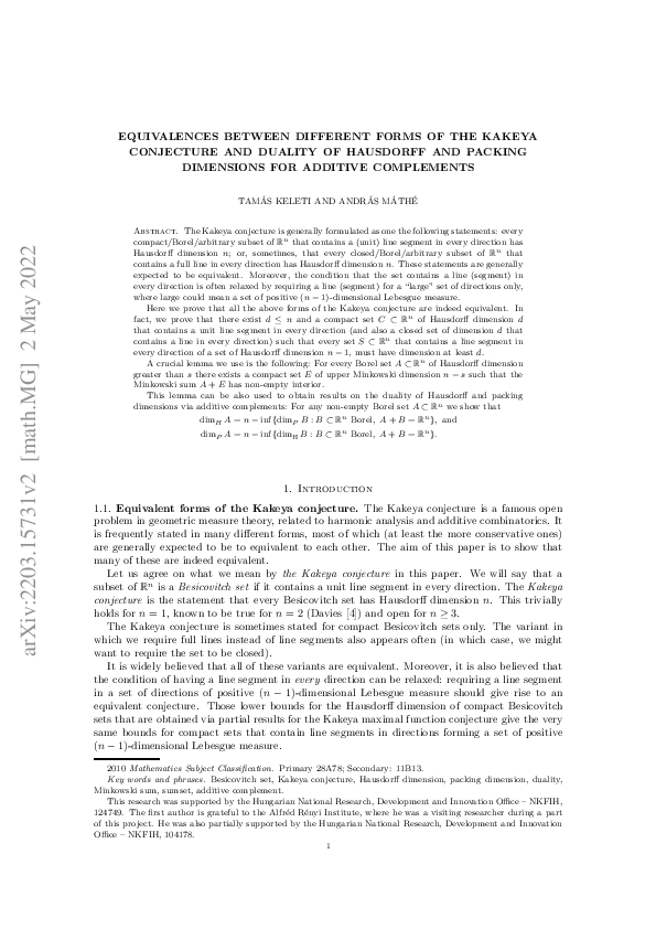 (PDF) Equivalences between different forms of the Kakeya conjecture and duality of Hausdorff and ...