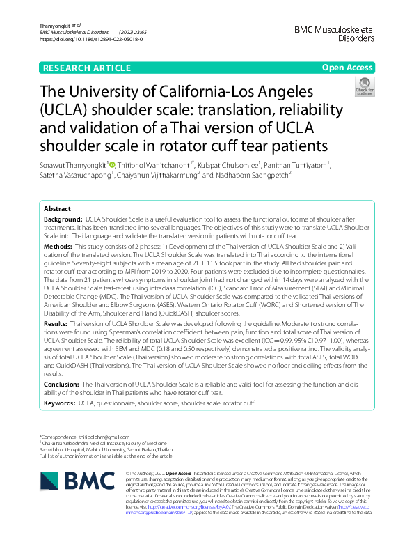(PDF) The University of California-Los Angeles (UCLA) shoulder scale ...