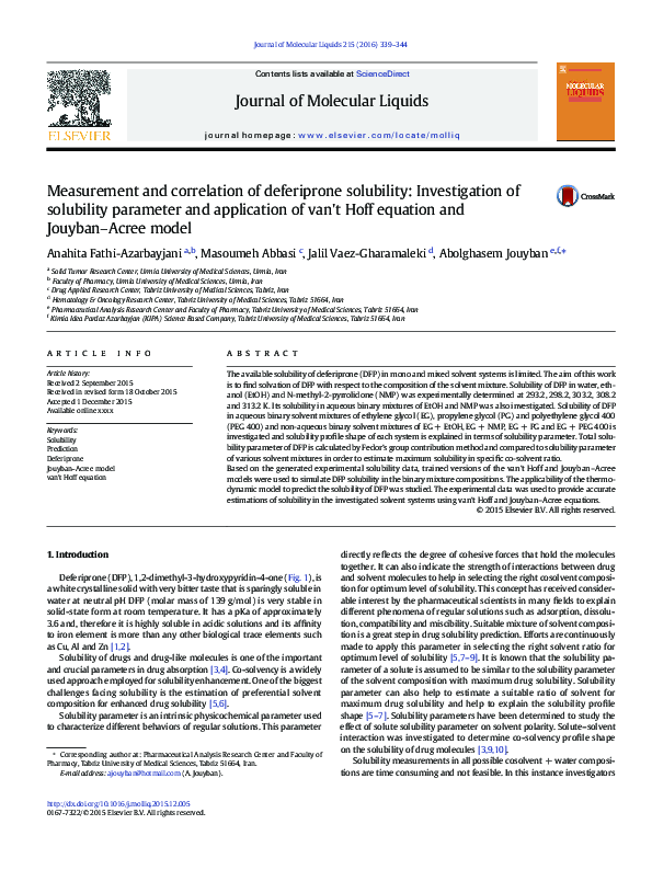 Pdf Measurement And Correlation Of Deferiprone Solubility Investigation Of Solubility