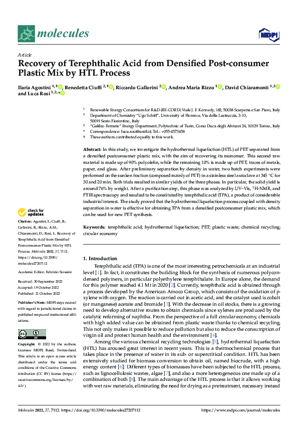 (PDF) Recovery of Terephthalic Acid from Densified Post-consumer ...