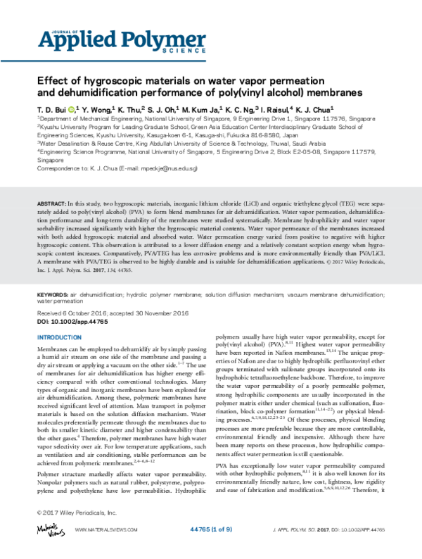 (PDF) Effect of hygroscopic materials on water vapor permeation and dehumidification performance ...