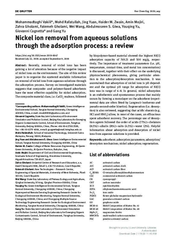 (PDF) Nickel ion removal from aqueous solutions through the adsorption ...