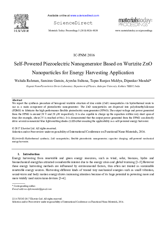(PDF) Self-Powered Piezoelectric Nanogenerator Based on Wurtzite ZnO Nanoparticles for Energy ...