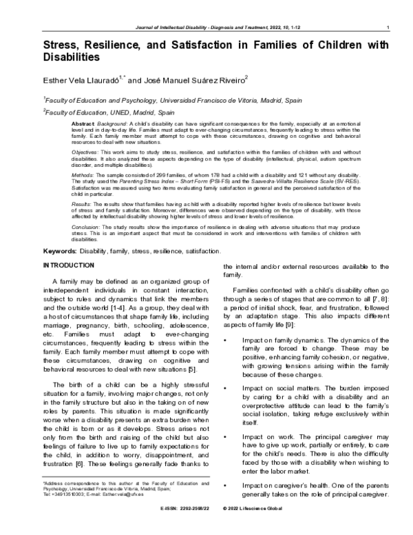 (PDF) Stress, Resilience, and Satisfaction in Families of Children with ...